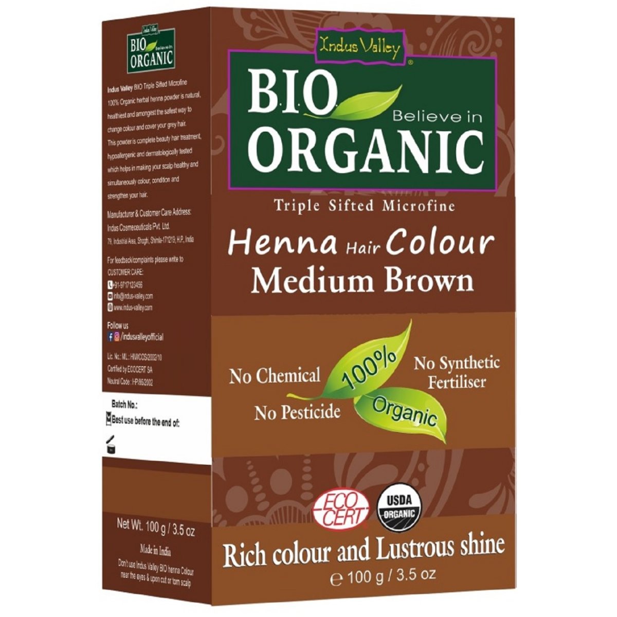 Leverandør af Indus Valley Henna Hair Color Medium Brown